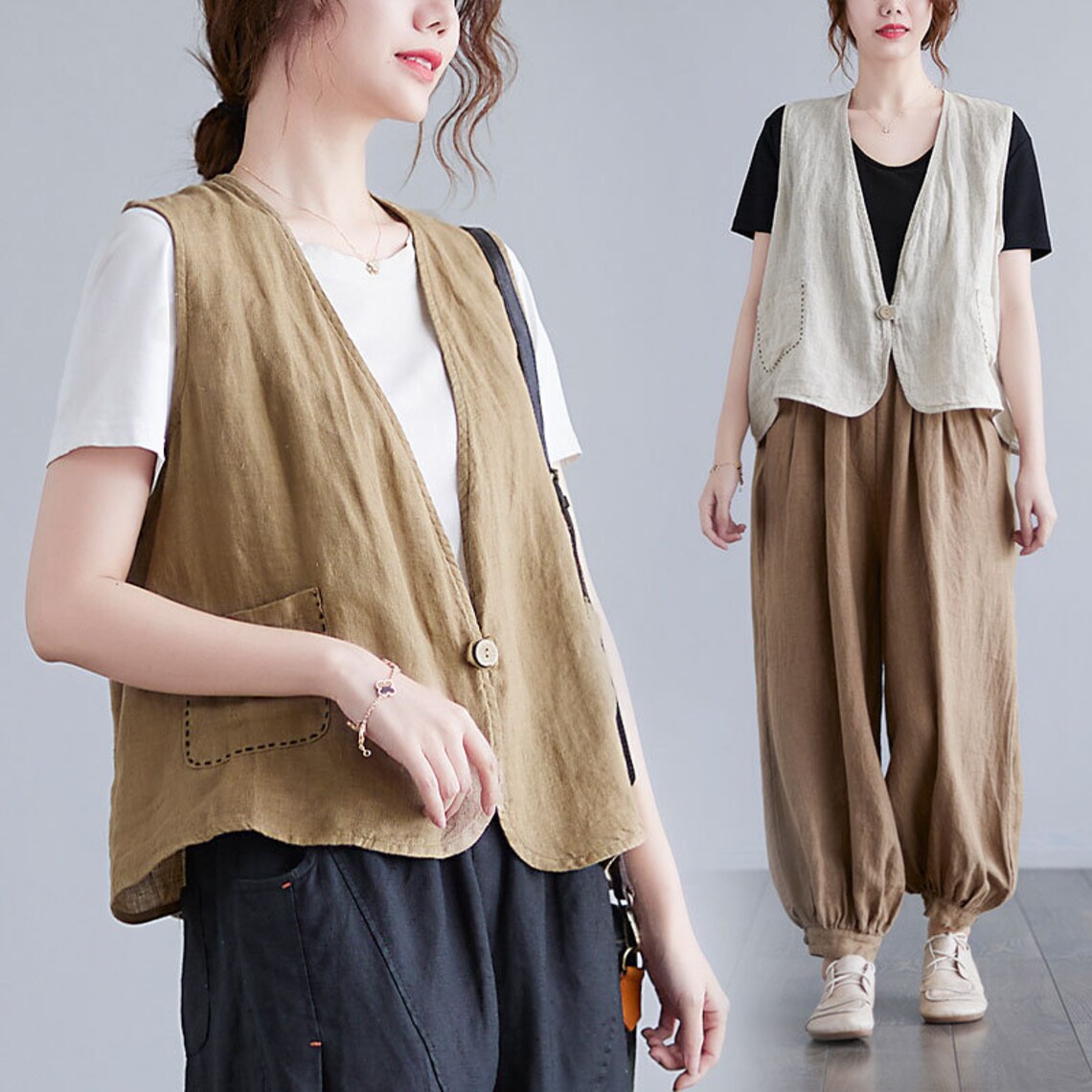 V-neck Linen Vest/ Summer Vintage Vest/ Casual Linen Clothing/ - Etsy