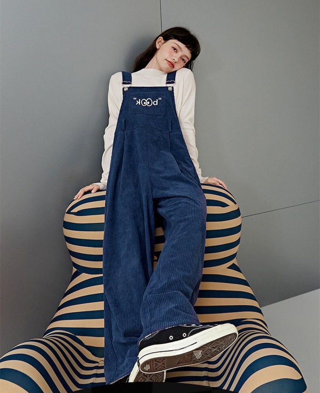 Blue Vintage Corduroy Overalls, Letter Embroidered Corduroy Overalls ...