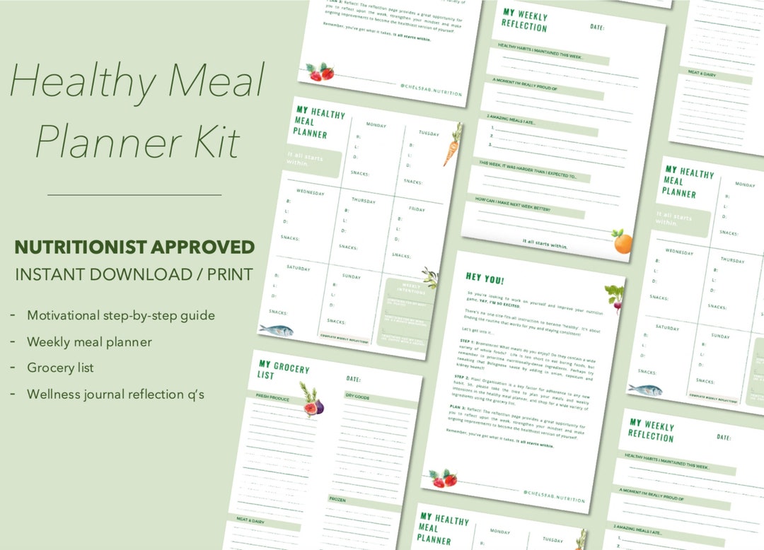 Healthy Meal Planner + Grocery List + Wellness Journal / Printable ...
