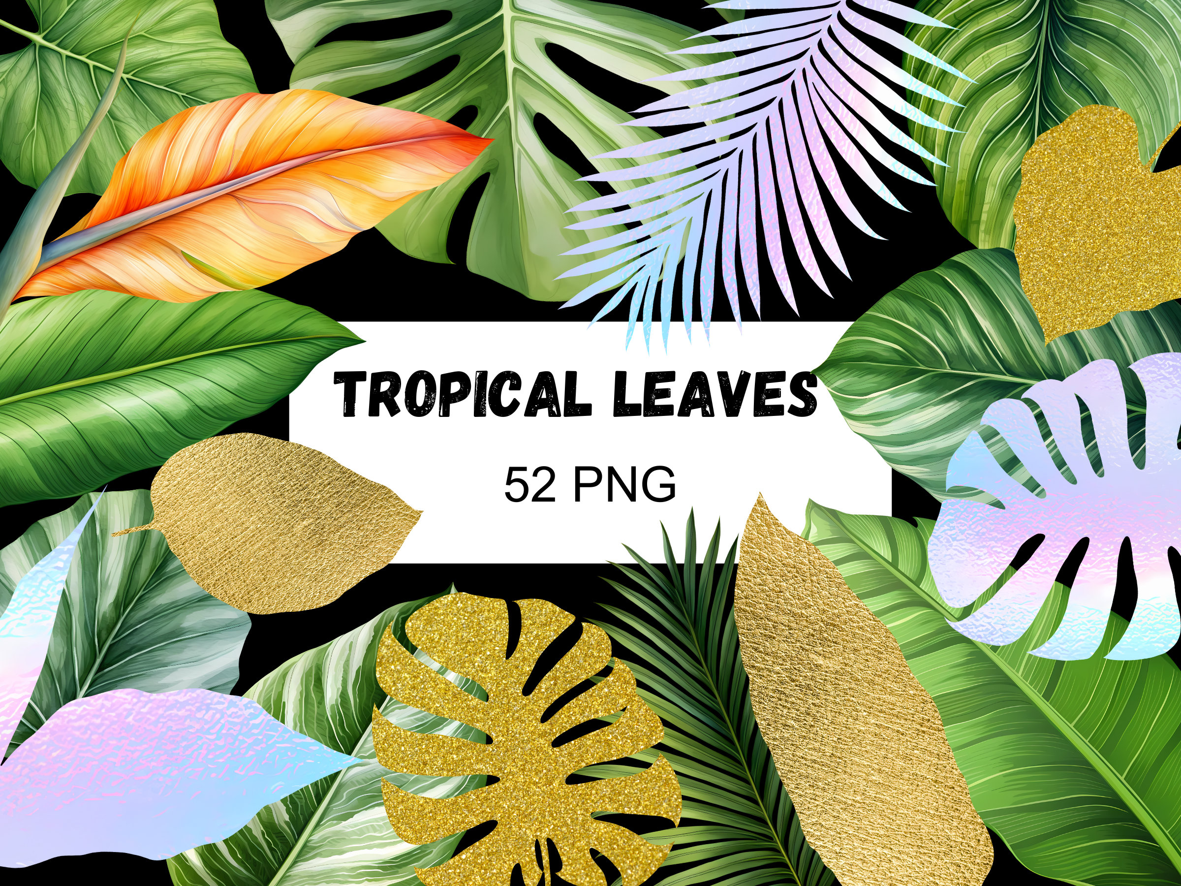 Tropical Leaves Clipart Gold Leaves Holo Clipart Mostera - Etsy