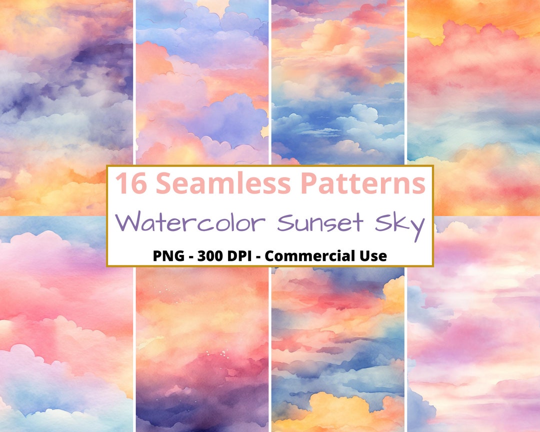 Watercolor Sunset Sky Digital Paper, Seamless Pattern, PNG, Scrapbook ...
