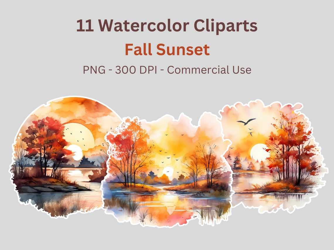 Watercolor Fall Sunset Clipart, Autumn, Transparent Background PNG ...