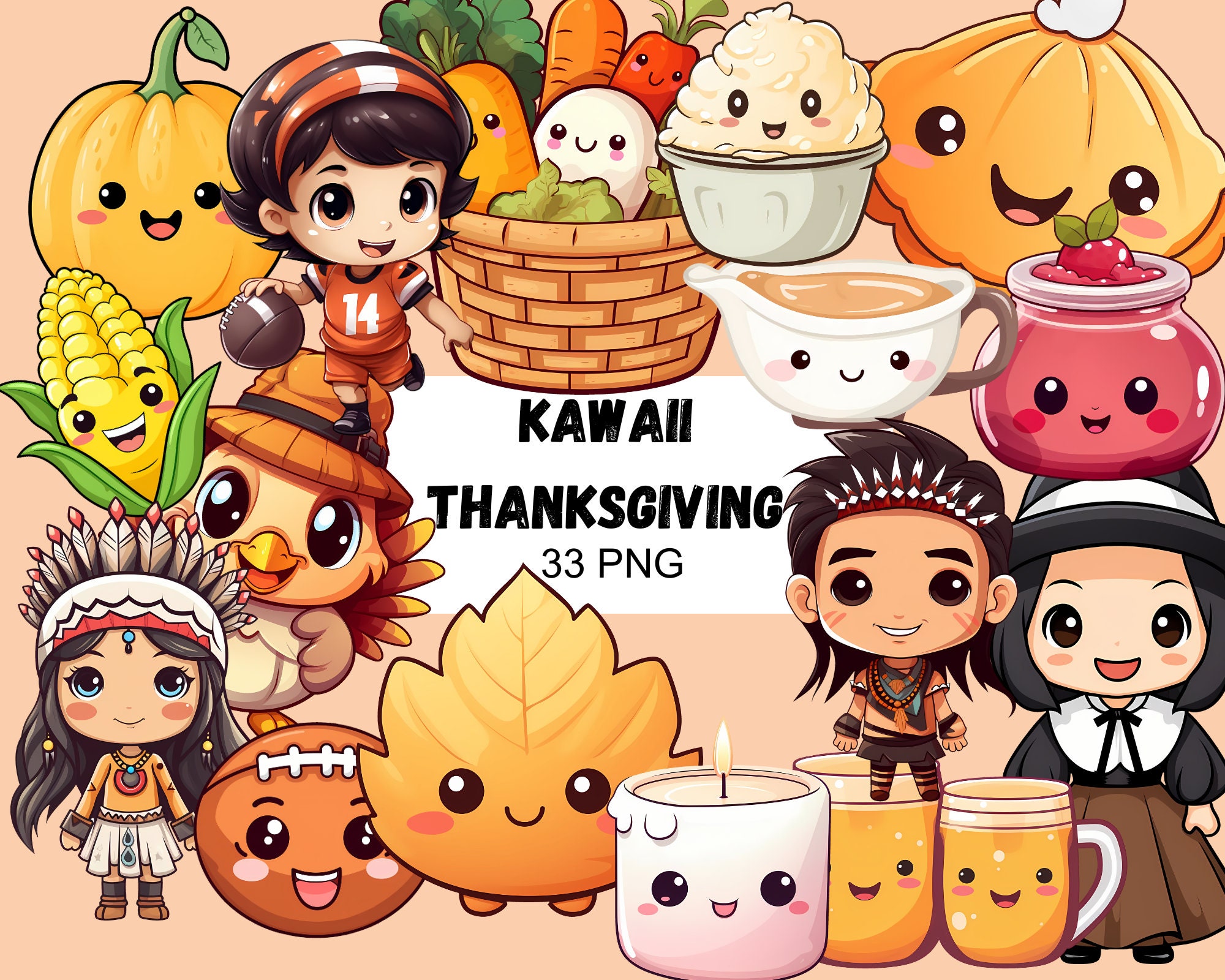 Kawaii Thanksgiving Clipart, PNG, Transparent Clipart, Commercial Use ...