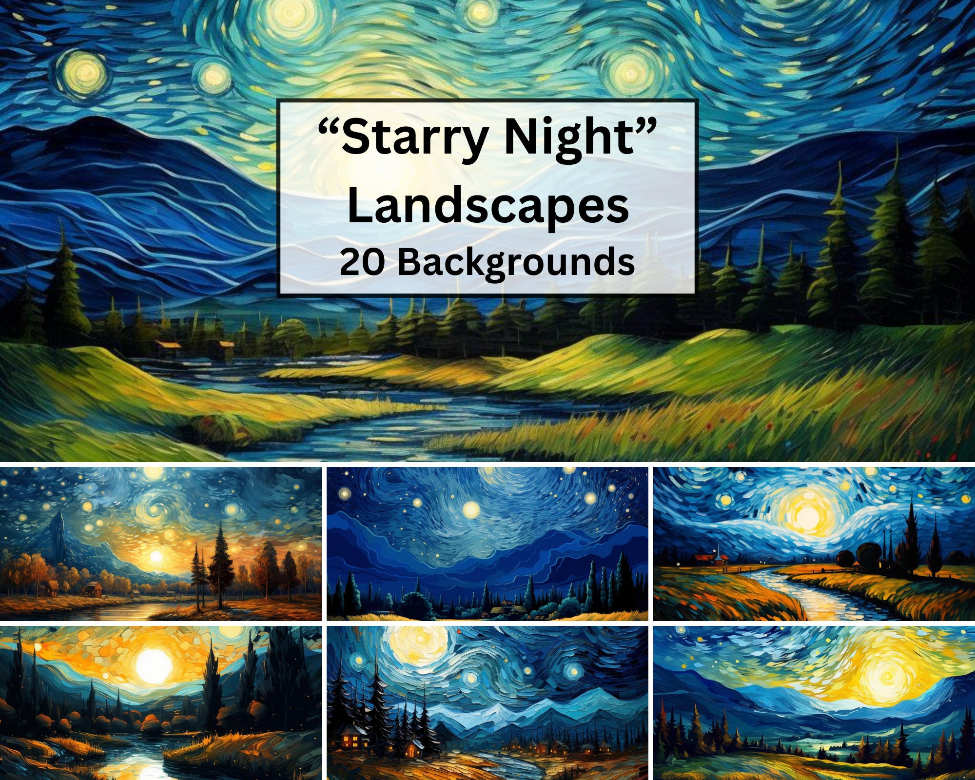 Starry Night Inspired Landscapes, Backgrounds, Digital Paper, PNG ...