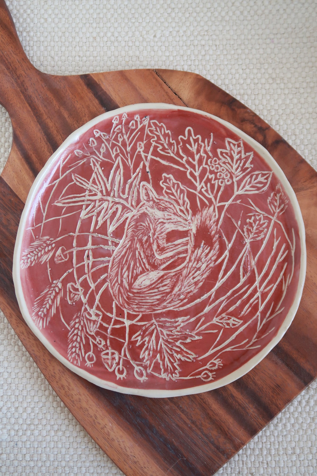 Handmade Dinner Plate / Sgraffito Pottery / Fox Autumn Leaves - Etsy