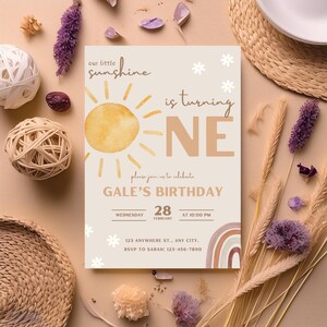 EDITABLE Boho Sun Birthday Invitation, Wild One Cute Boho Birthday ...