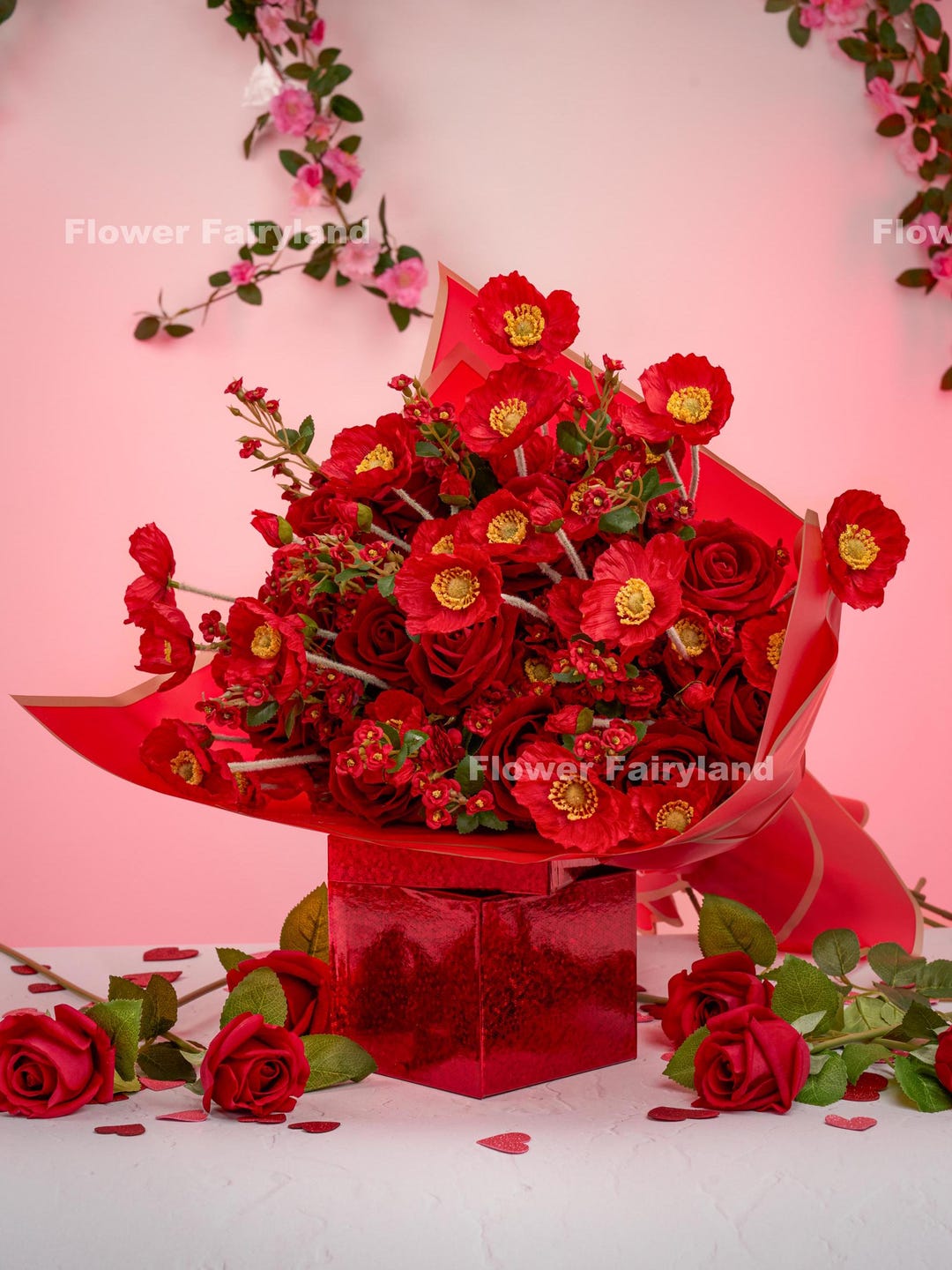 Vivid Passion: Red Roses, Poppies & Mini Roses Bouquet - Artificial ...