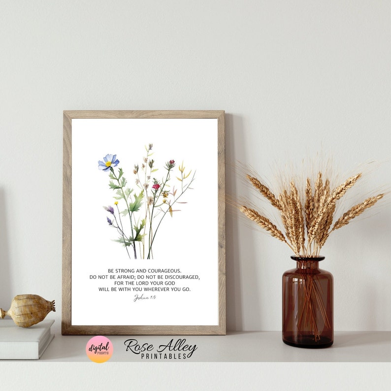 Be Strong Scripture Printable, Wildflowers, Religious, Christian Gift ...