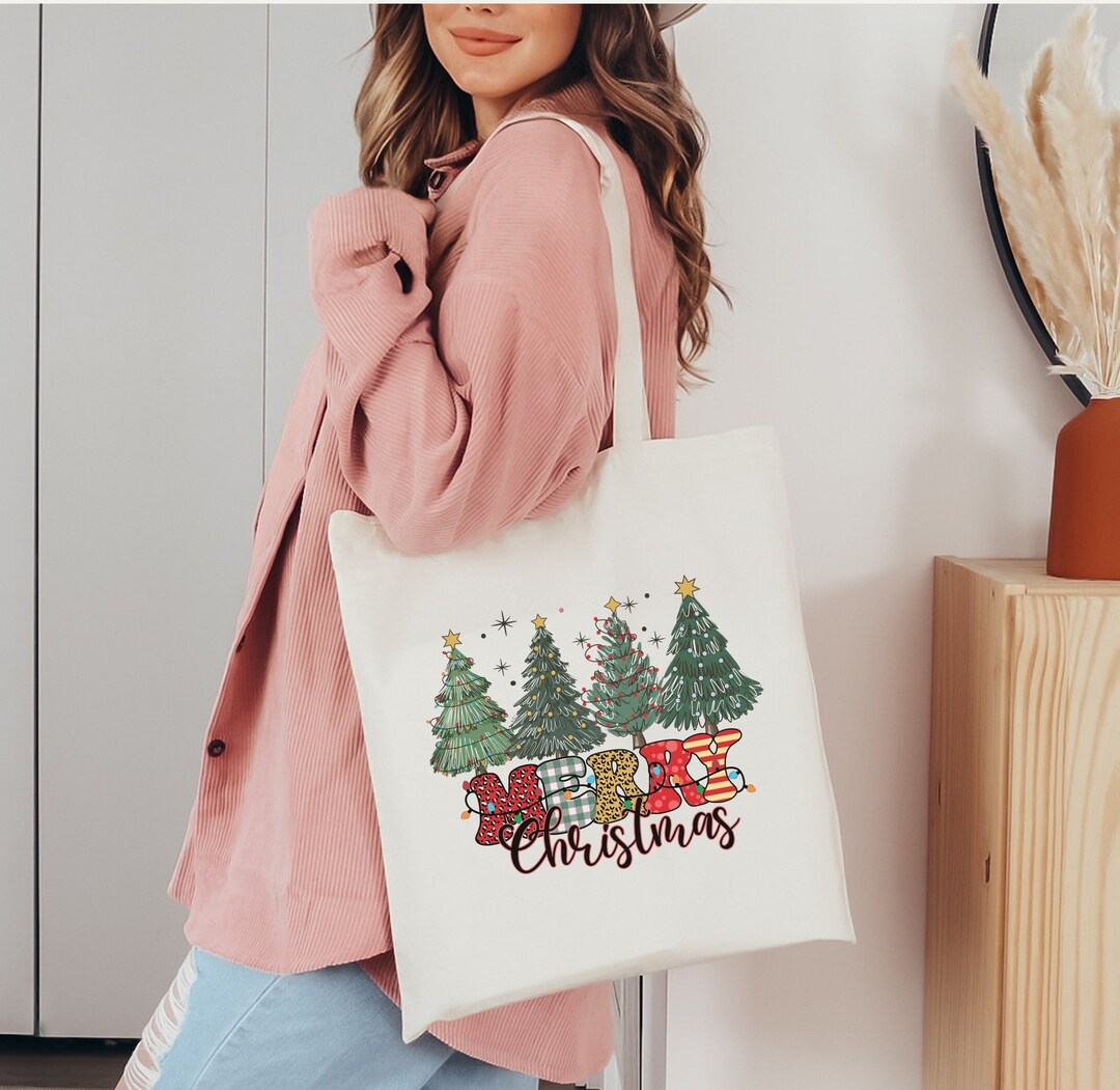 Merry Christmas Trees Tote Bag, Christmas Canvas Bag, Christmas Gift ...