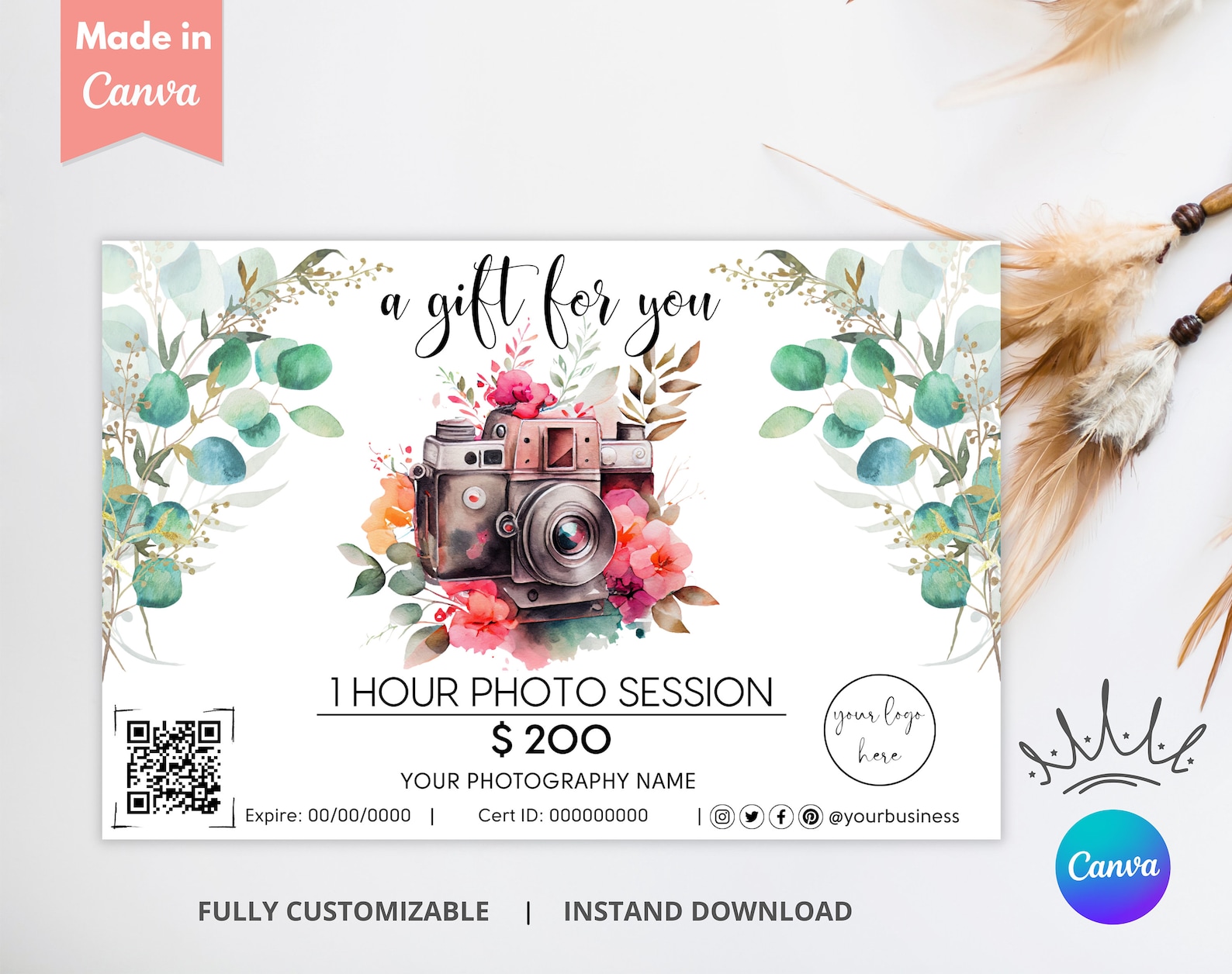 Photography Gift Certificate Template With Qr Code, Photographer Gift ...