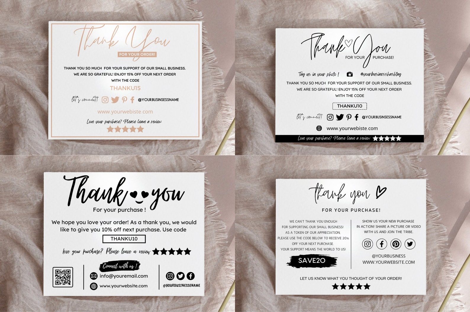 20 Thank You Card Template Small Business Bundle, Packaging Insert Cards, Editable and Printable ...