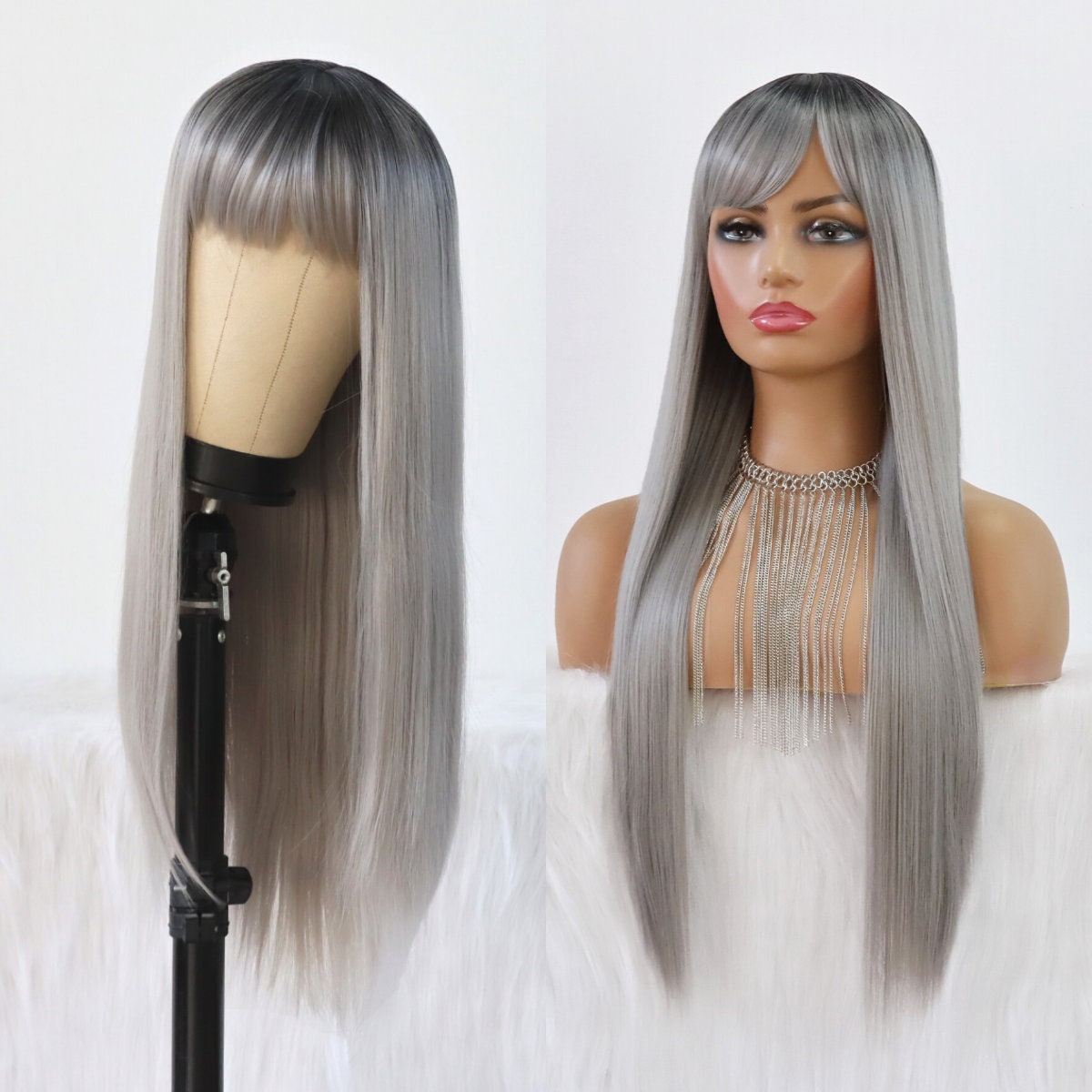 Silver Long Straight Wig With Bangs Synthetic Wig - Etsy