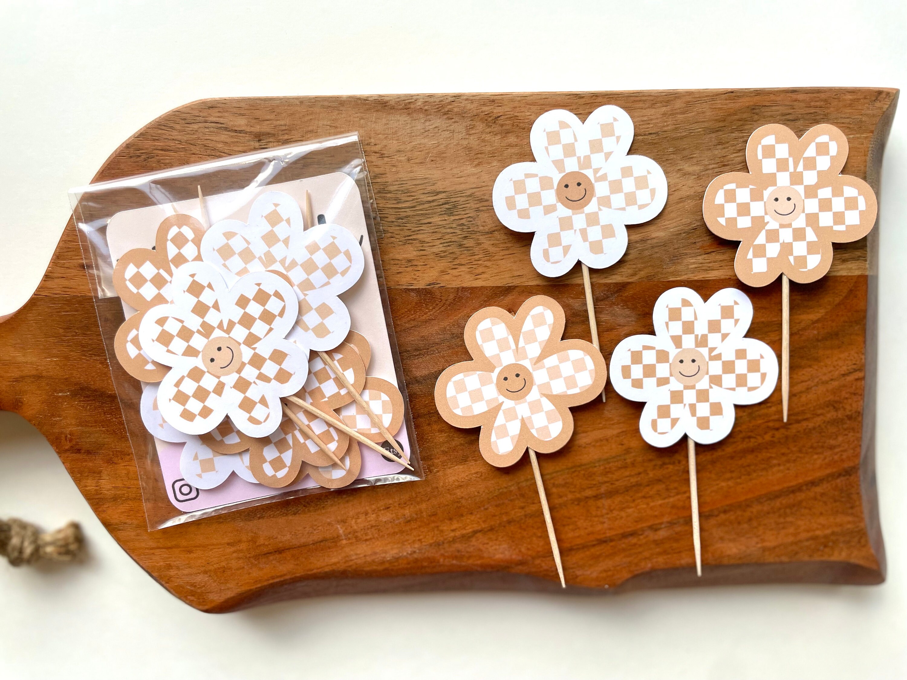 Checkered Flower Cupcake Topper Boho Party Decor Checkered Decorations ...