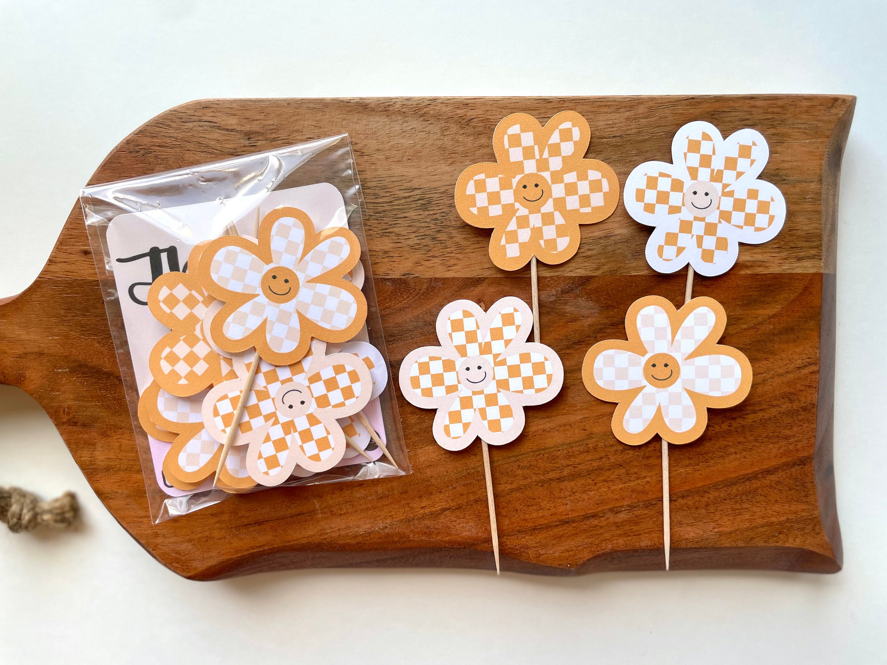 Checkered Flower Cupcake Topper Boho Party Decor Checkered Decorations ...