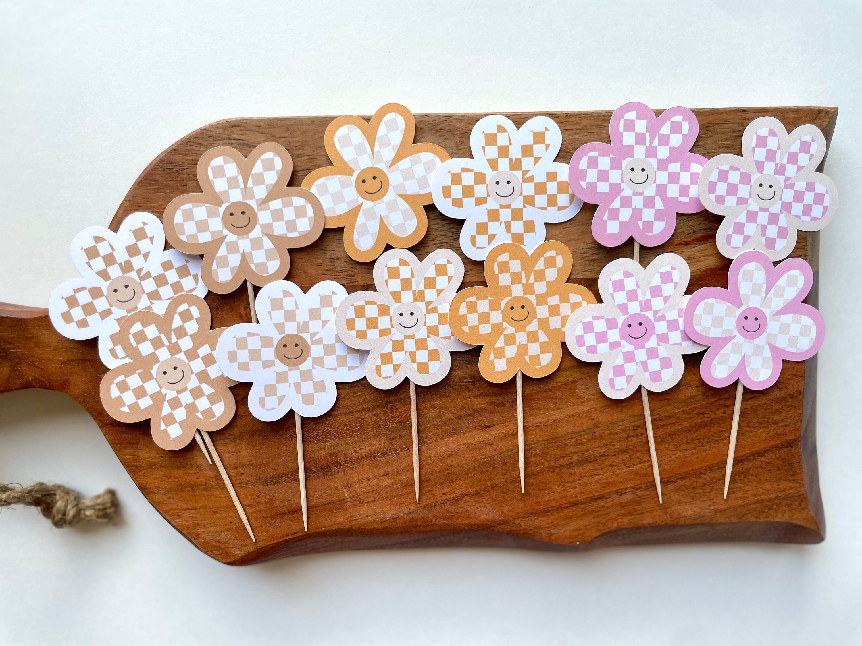 Checkered Flower Cupcake Topper Boho Party Decor Checkered Decorations ...