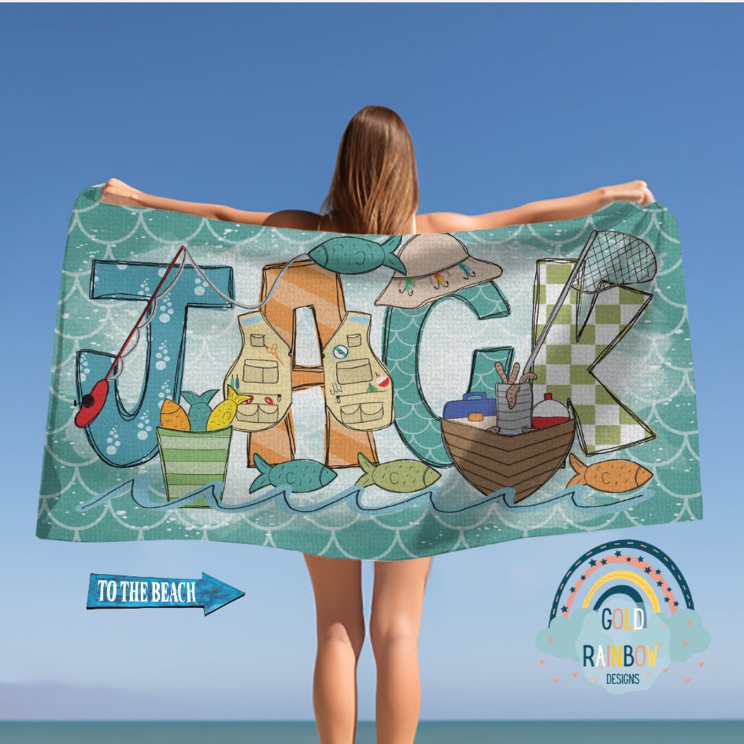 Fishing Beach Towel With Kid Name Pool Towel Fishing Theme Gift for ...