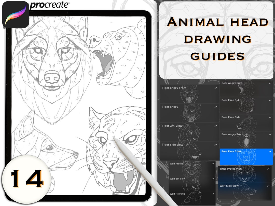 Animal Head Drawing Guide Stamps, Animal Brush, Wolf Stamps, Tiger ...