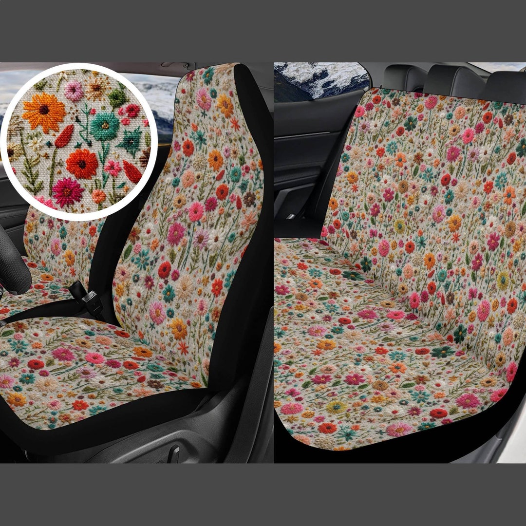 Summer Flowers Car Seat Cover for Vehicle Full Set, Faux Embroidery Car ...