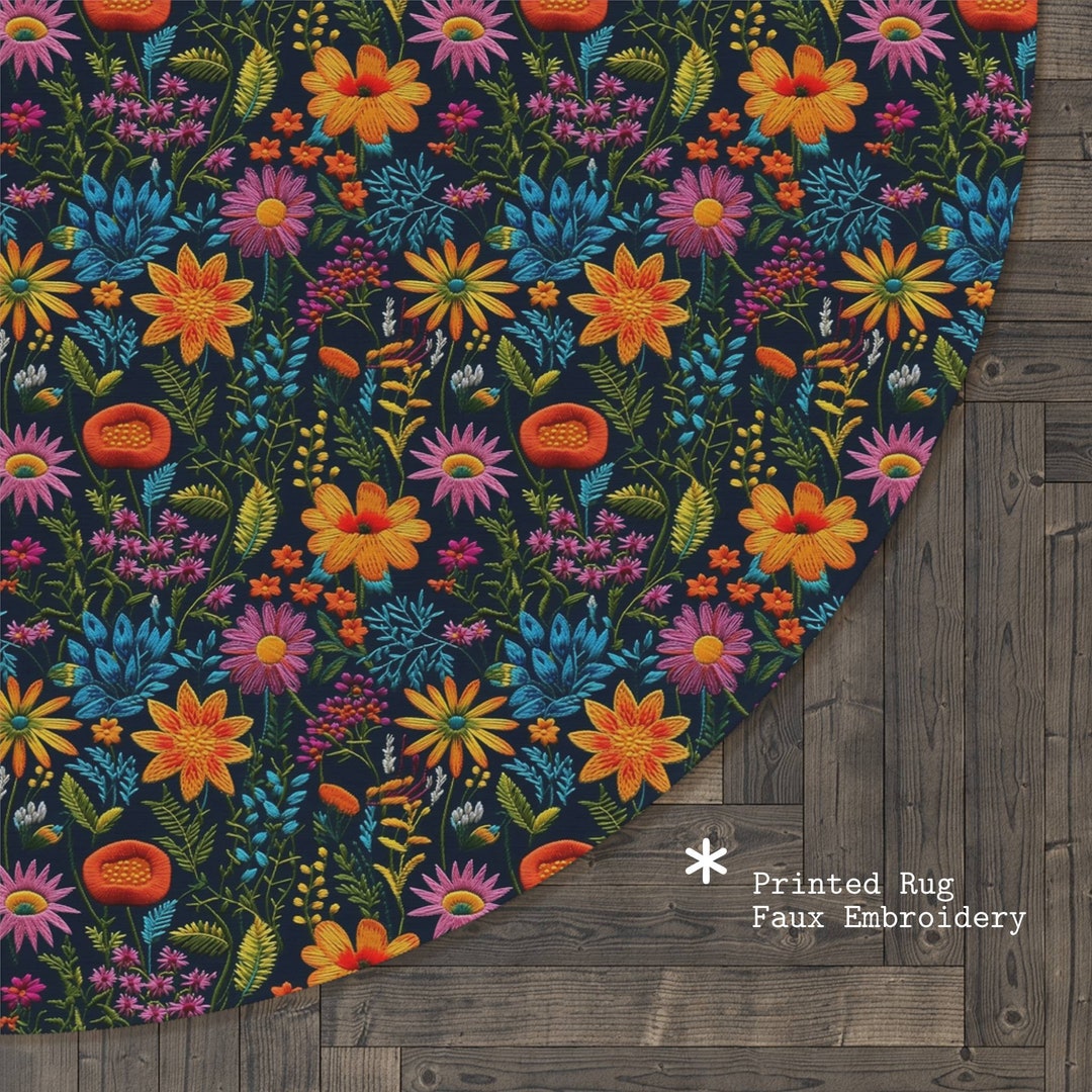 Midnight Bloom Round Rug, Floral Round Area Rug Cottagecore, Cute Round ...