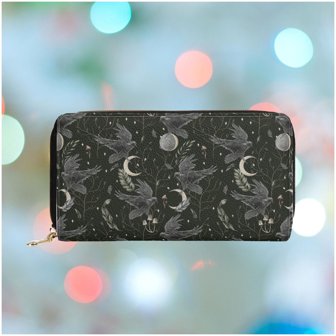 Lunar Raven Wallet for Women Black Zipper Wallet With Coin Pocket Vegan ...