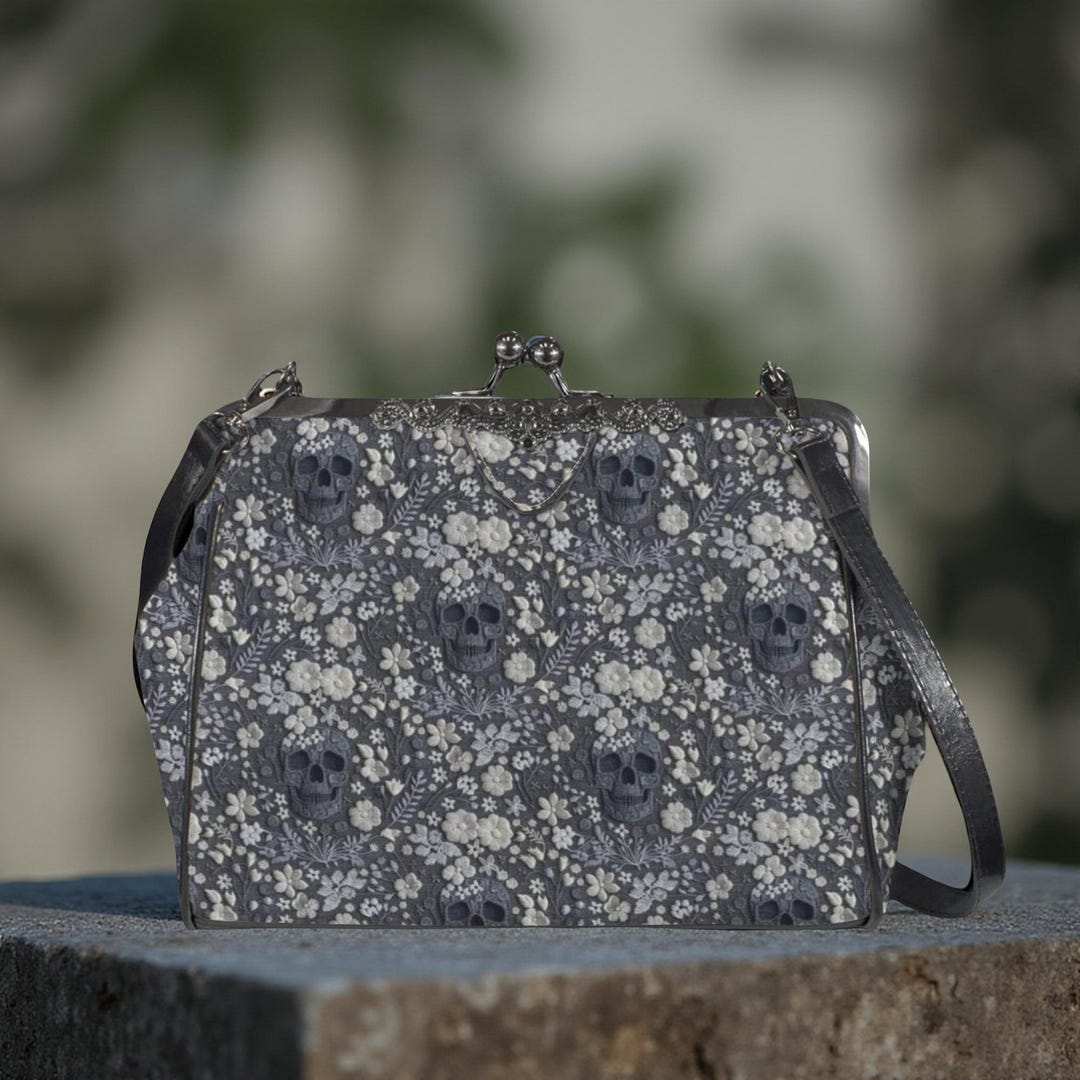 Floral Skull Handbag Gothic, Kiss Lock Crossbody Bag Witchy, Vegan ...