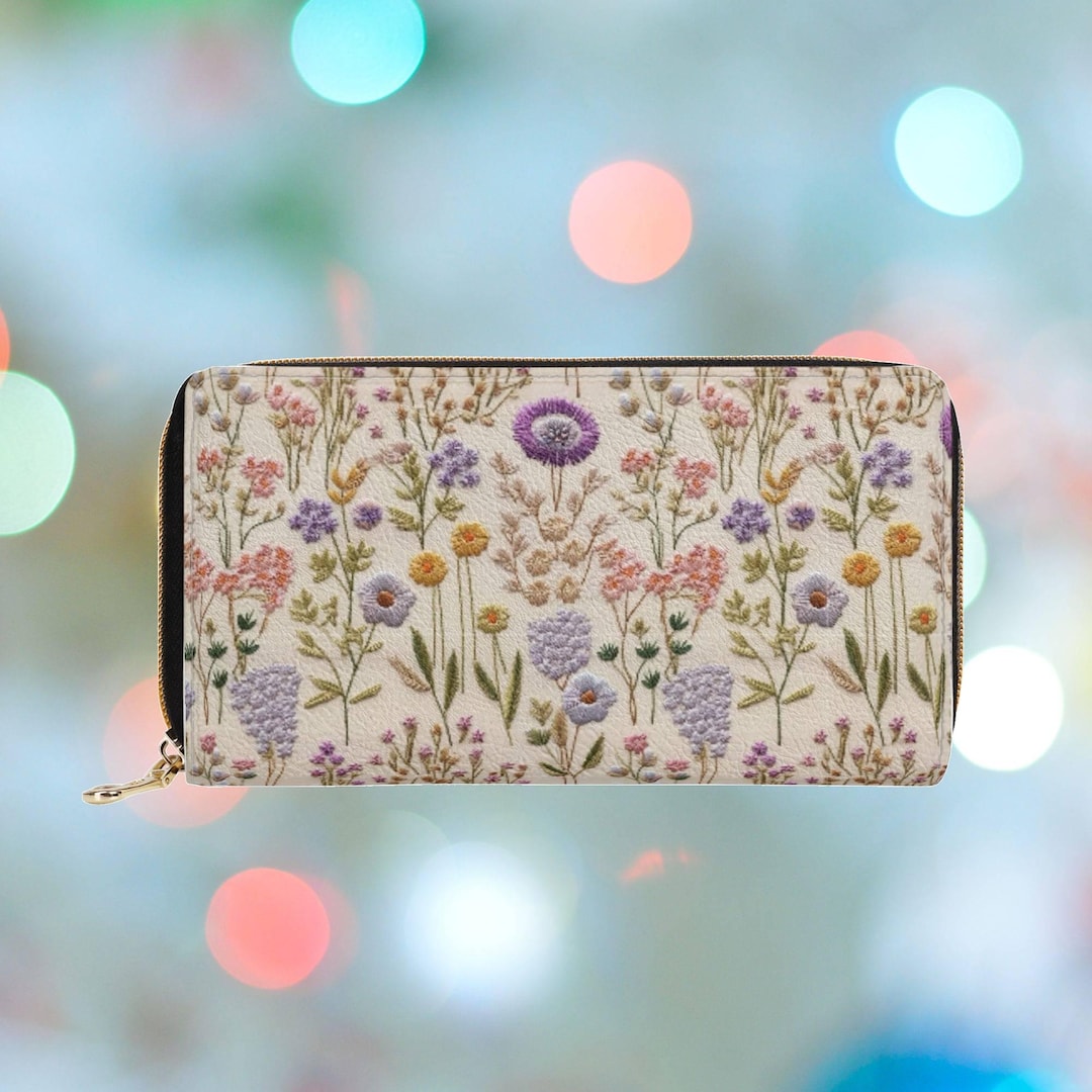 Lavender Spring Wallet for Women Faux Embroidery, Boho Floral Zipper ...
