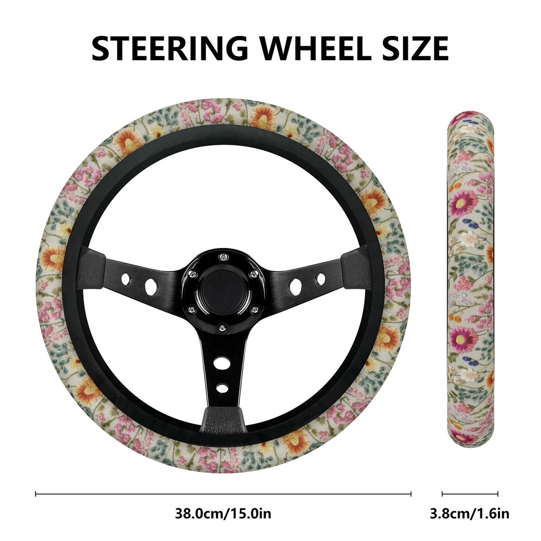 Summer Flower Bloom Steering Wheel Cover for Women Faux Embroidery ...