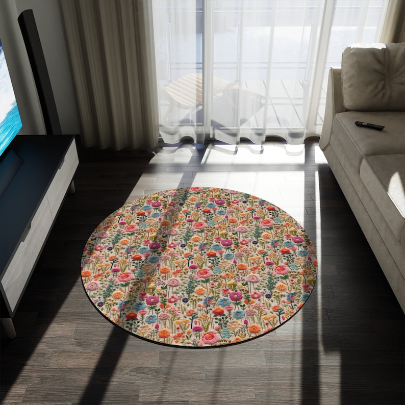 Rainbow Flower Meadow Rug, Colorful Round Rug, Wildflower Round Area ...