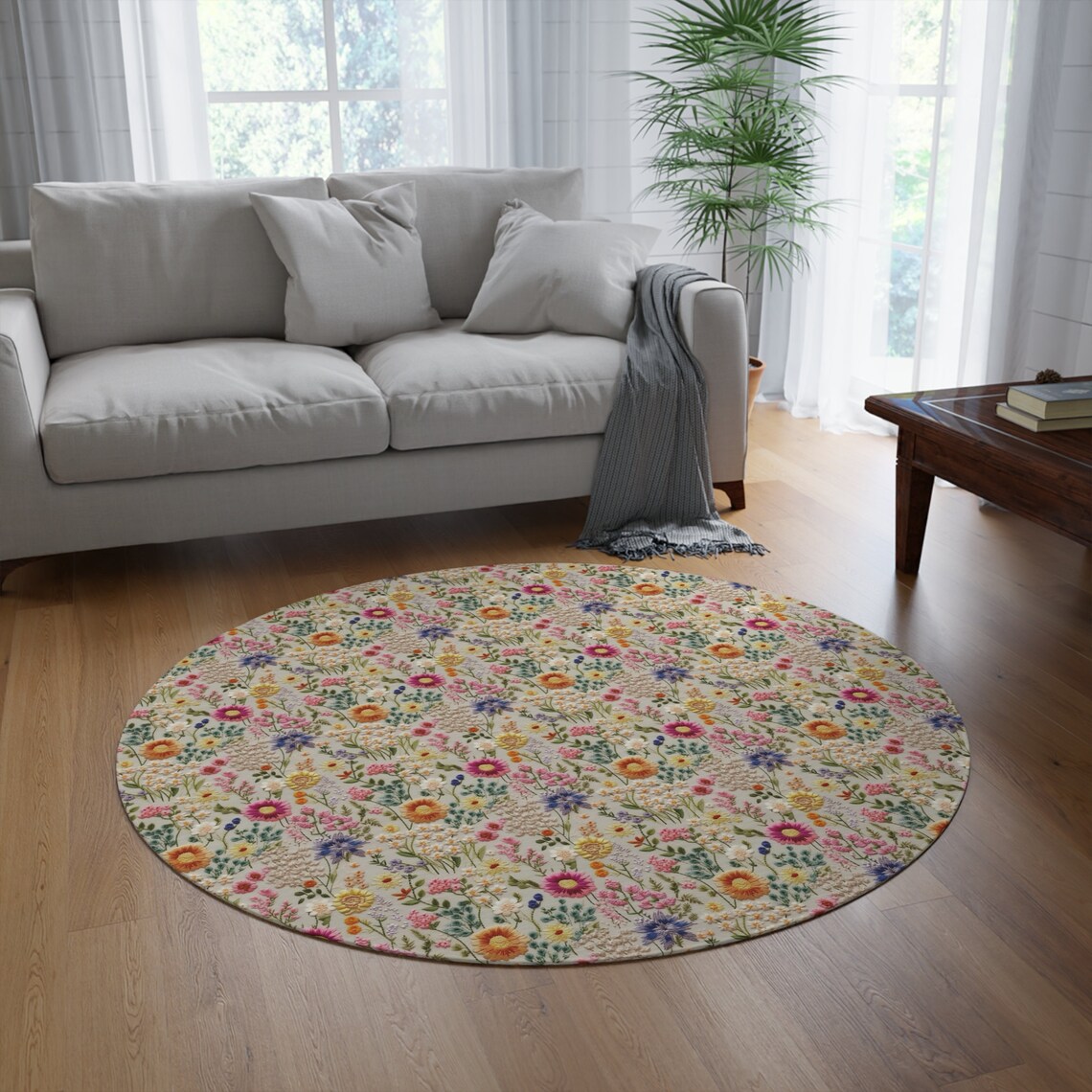 Summer Flower Bloom Round Rug Faux Embroidery, Round Area Rug Colorful ...