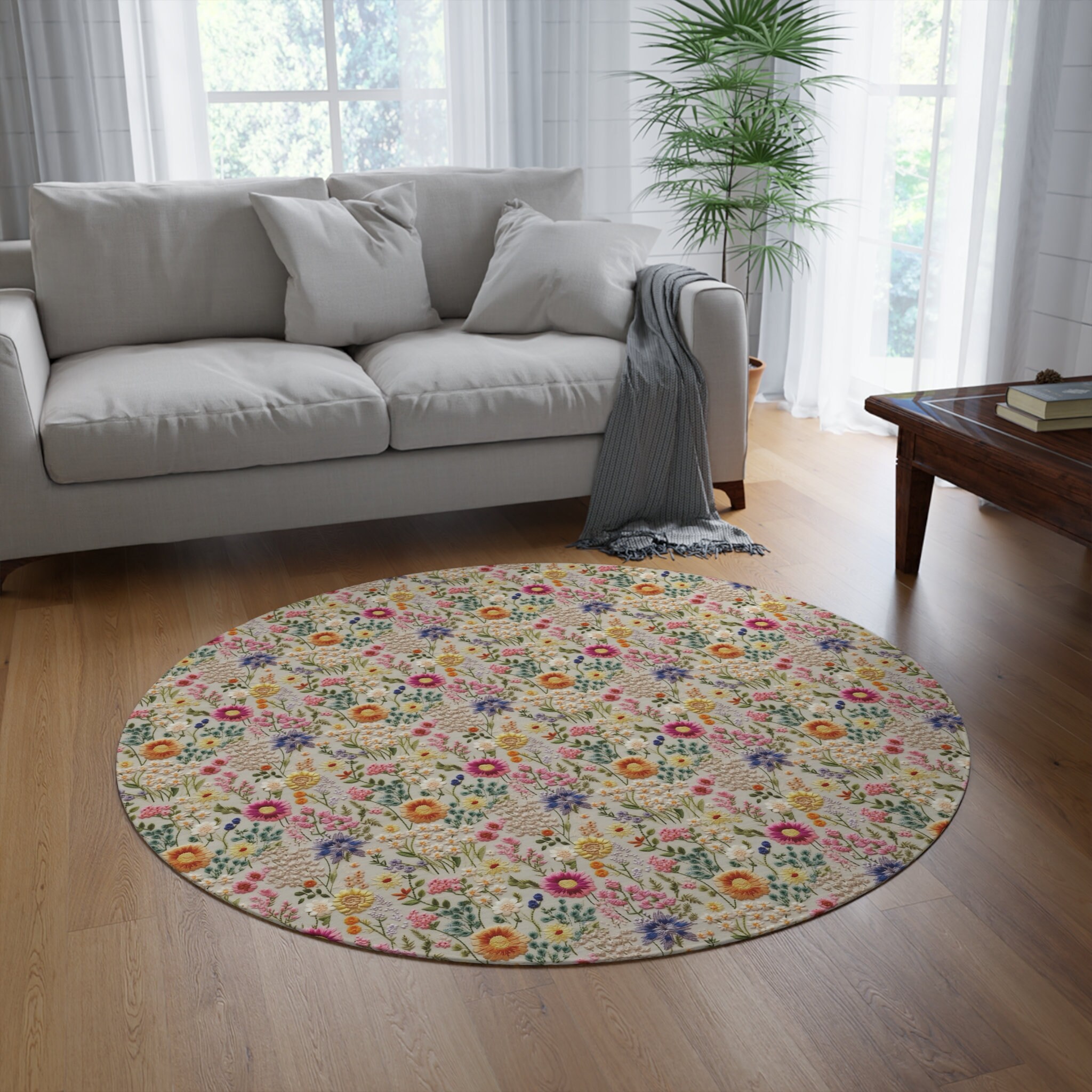 Summer Flower Bloom Round Rug Faux Embroidery, Round Area Rug Colorful ...