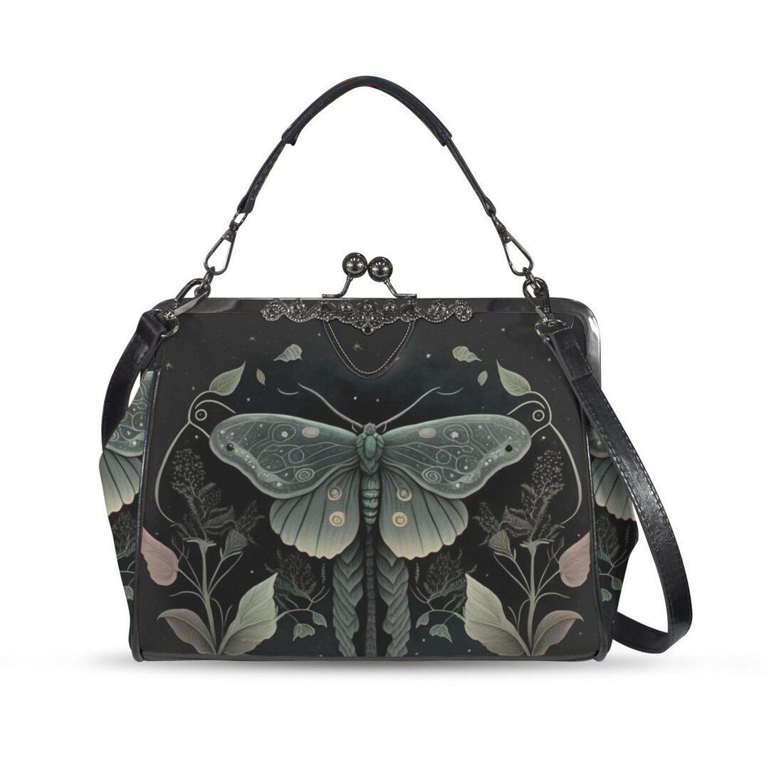 Lunar Moth Handbag Kiss Lock Purse Vegan Leather Bag Crossbody, Witchy ...