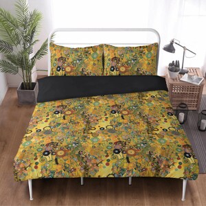 Klimt Floral Duvet Cover Set, Soft Polyester Bedding Yellow, the Kiss ...