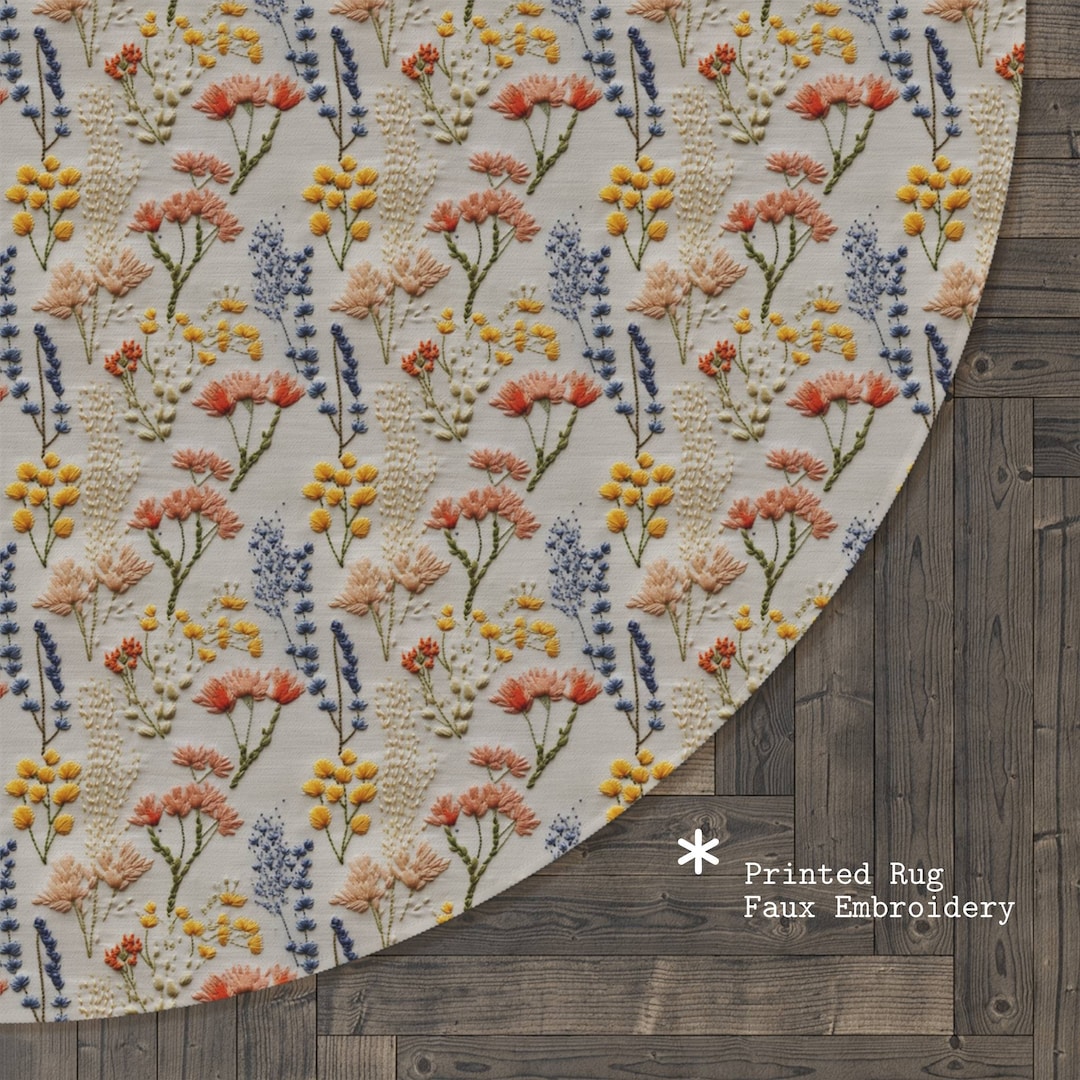 Wildflower Branches Round Rug Faux Embroidery, Boho Floral Area Rug ...
