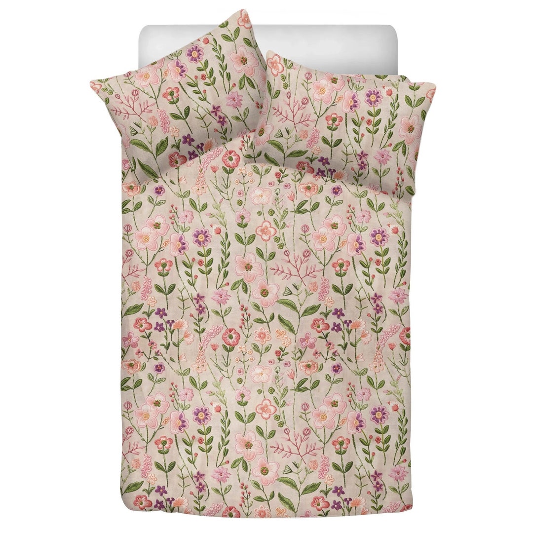 Green Spring Duvet Cover Set Floral Duvet Cover & Pillowcases Pink ...