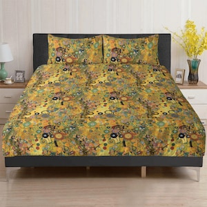 Klimt Floral Duvet Cover Set, Soft Polyester Bedding Yellow, the Kiss ...