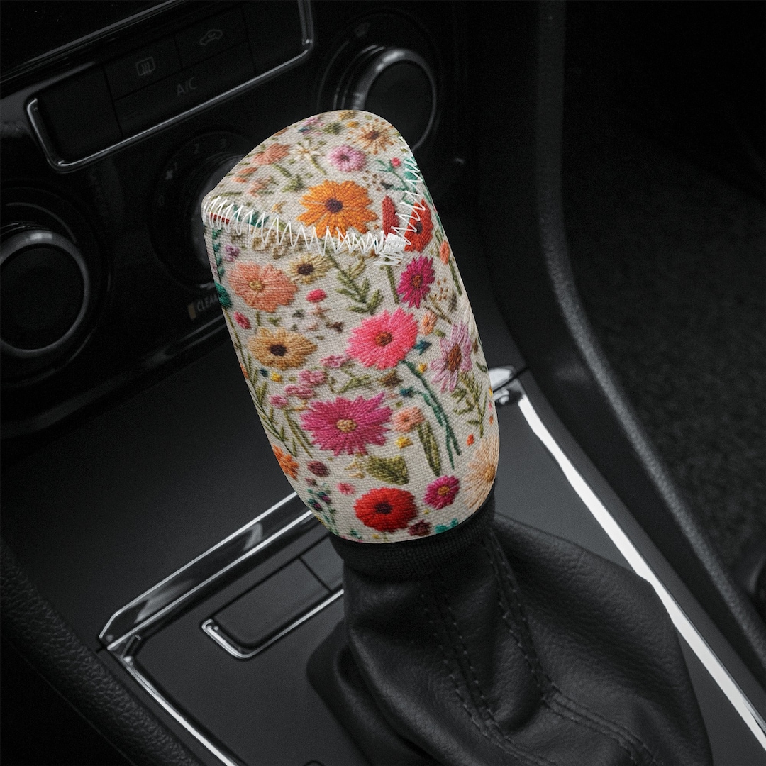 Summer Flowers Shift Knob Cover Faux Embroidery, Boho Floral Car ...