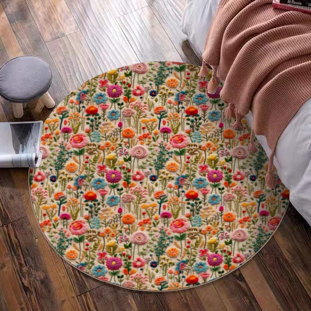 Rainbow Flower Meadow Round Floor Mat, Colorful Wildflower Rug, Floral ...