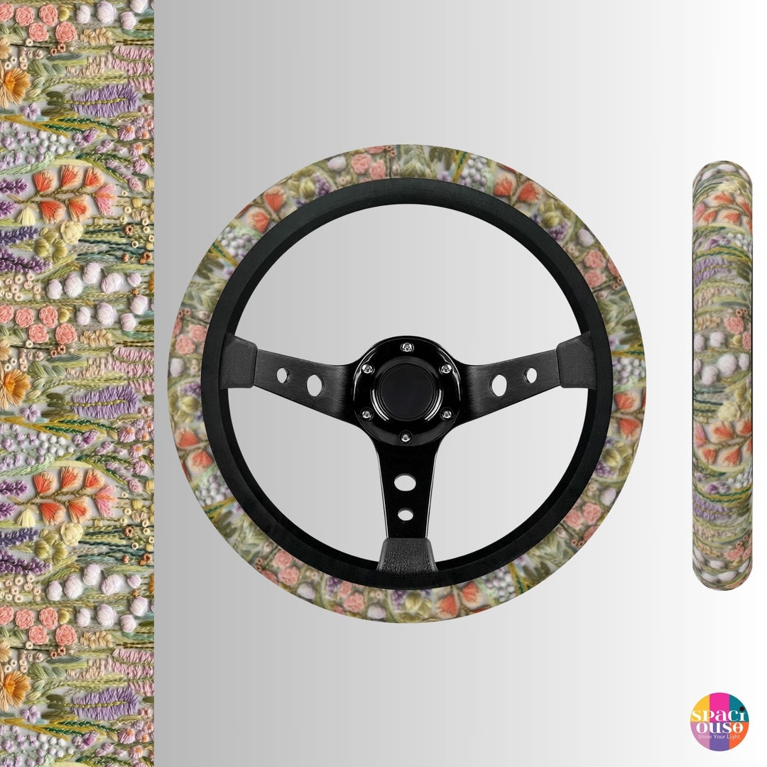 Wildflower Bouquet Steer Wheel Cover Green, Floral Car Wheel Cover for ...