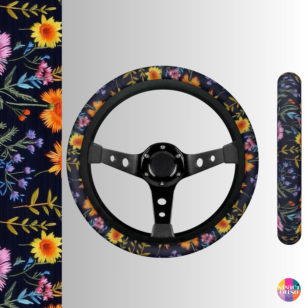 Midnight Wildflowers Steer Wheel Cover, Boho Floral Car Wheel Cover for ...