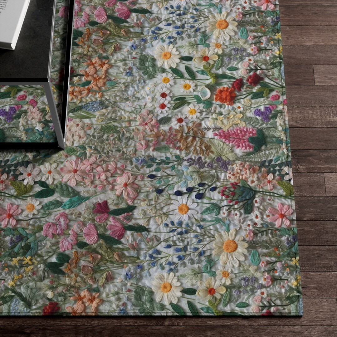 Turquoise Flower Meadow Rug, Floral Area Rug Green,cottagecore Floor ...