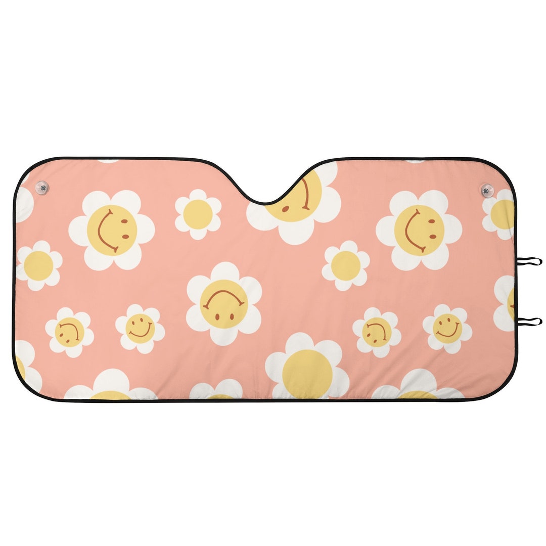 Smiley Flowers Pink Windshield Sun Shade, Hippie Floral Windshield ...