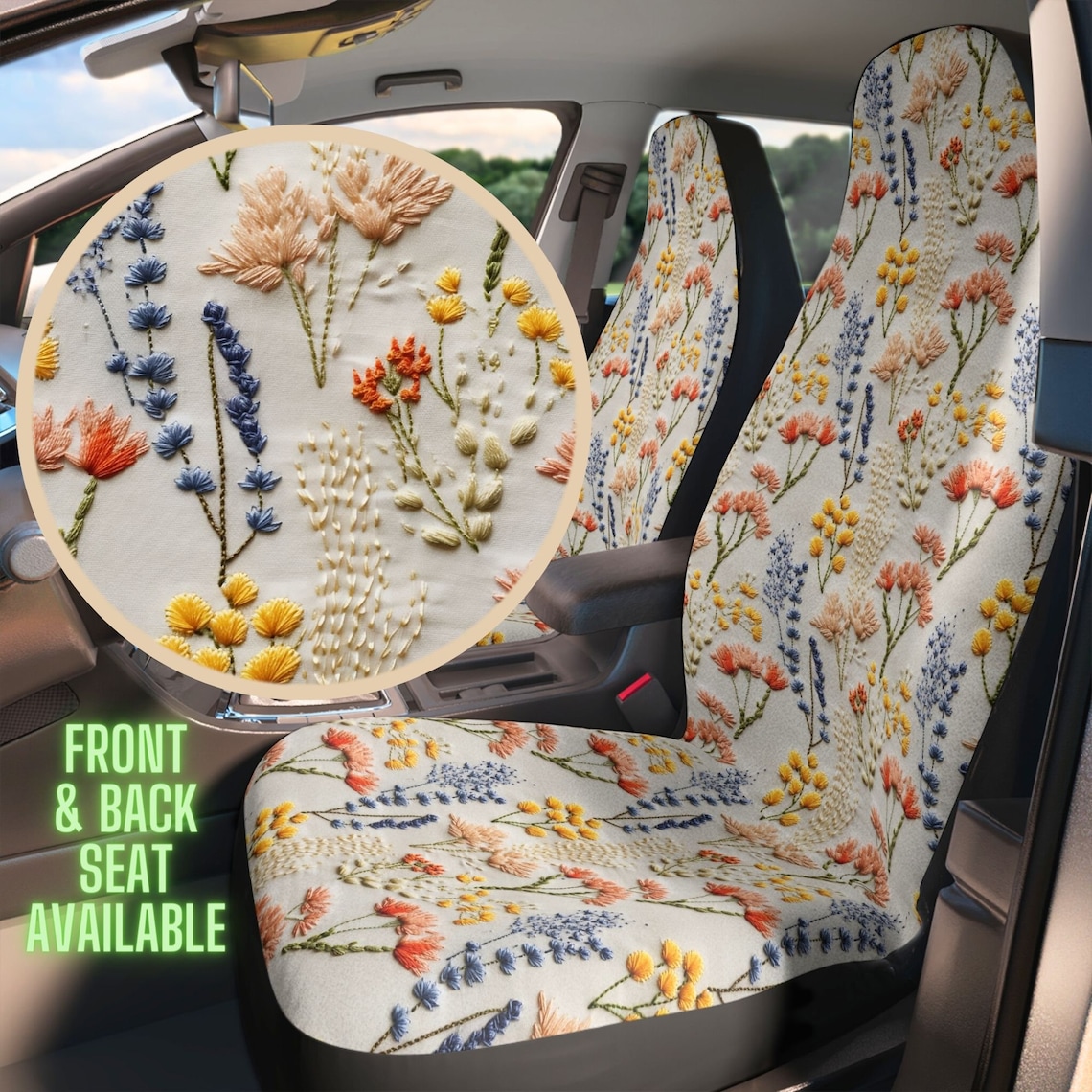 Wildflower Branches Car Seat Cover for Vehicle Full Set Faux Embroidery ...