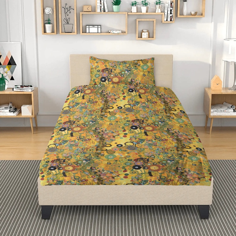 Klimt Floral Duvet Cover Set, Soft Polyester Bedding Yellow, the Kiss ...