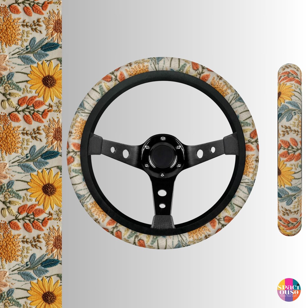 Golden Flower Clusters Steering Wheel Cover Boho, Floral Car Decor ...