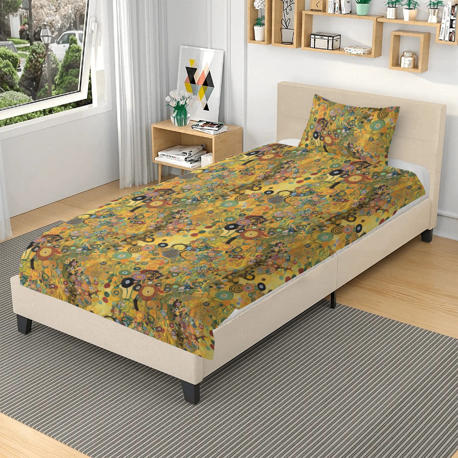 Klimt Floral Duvet Cover Set, Soft Polyester Bedding Yellow, the Kiss ...