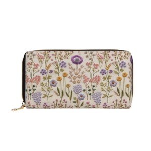 Lavender Spring Wallet for Women Faux Embroidery, Boho Floral Zipper ...