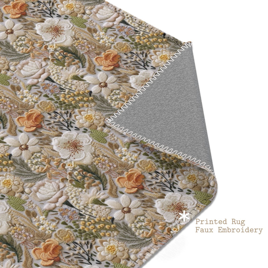 White Flower Meadow Rug, Floral Area Rug, Cottagecore Floor Mat, Carpet ...