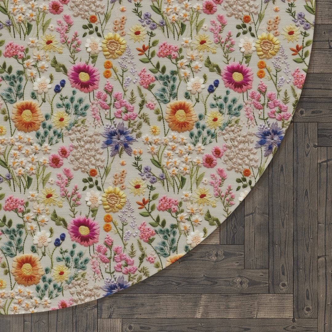 Summer Flower Bloom Round Rug Faux Embroidery Round Area Rug - Etsy