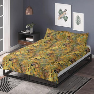 Klimt Floral Duvet Cover Set, Soft Polyester Bedding Yellow, the Kiss ...
