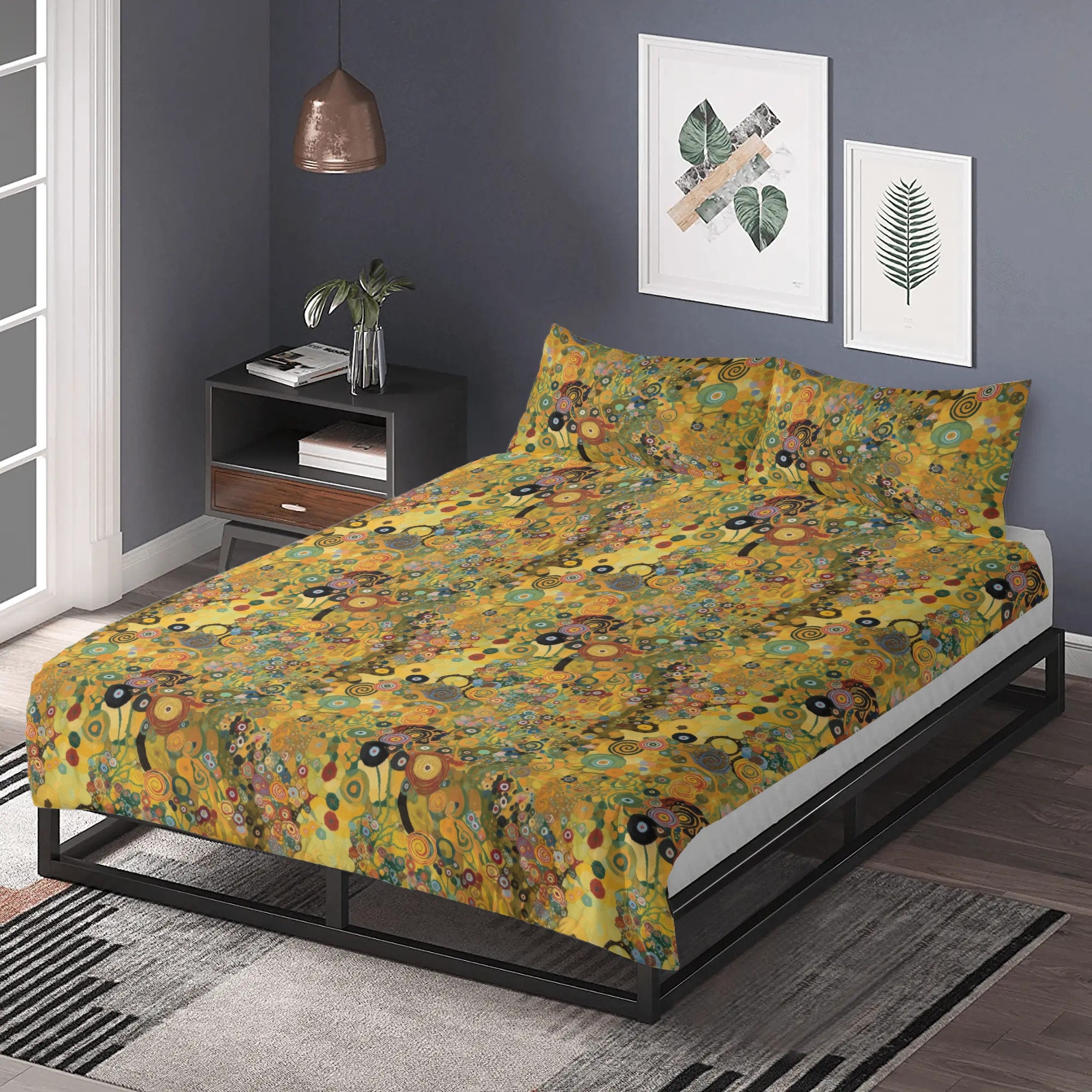 Klimt Floral Duvet Cover Set, Soft Polyester Bedding Yellow, the Kiss ...